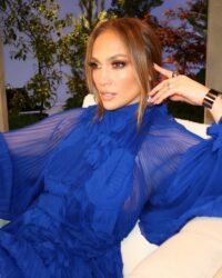 Jennifer Lopez in a royal blue creation promotes the new movie "The Mother"